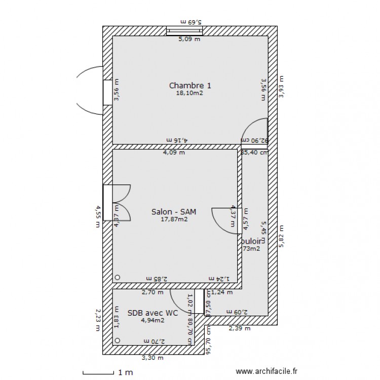 Appartement T2 2° étage Existant Plan 4 Pièces 47 M2 Dessiné Par A2v3