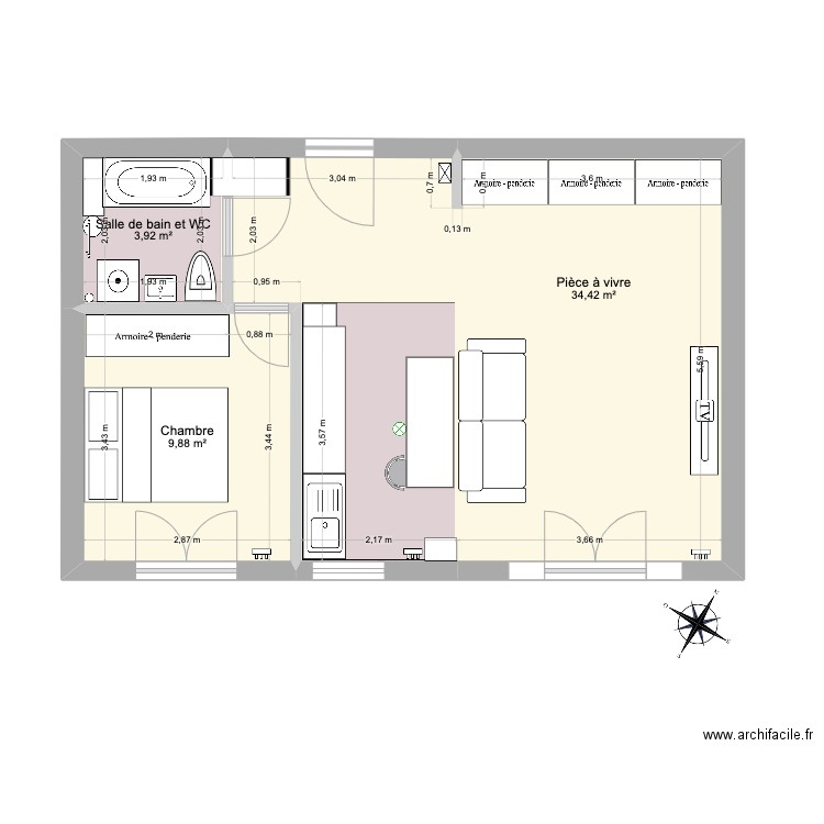 2P 46m2 - Plan dessiné par IrèneBéatrice