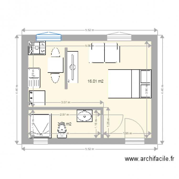 plan de studio - Plan 2 pièces 19 m2 dessiné par moctar97
