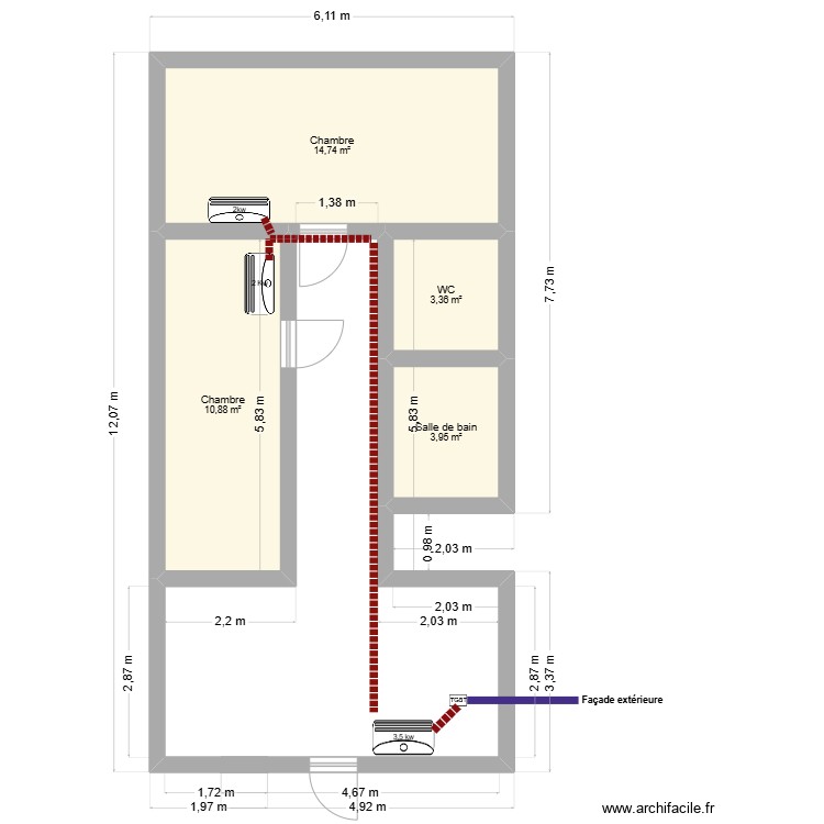 Plan implantation climatisation tri-split - Plan 4 pièces 33 m2 dessiné ...