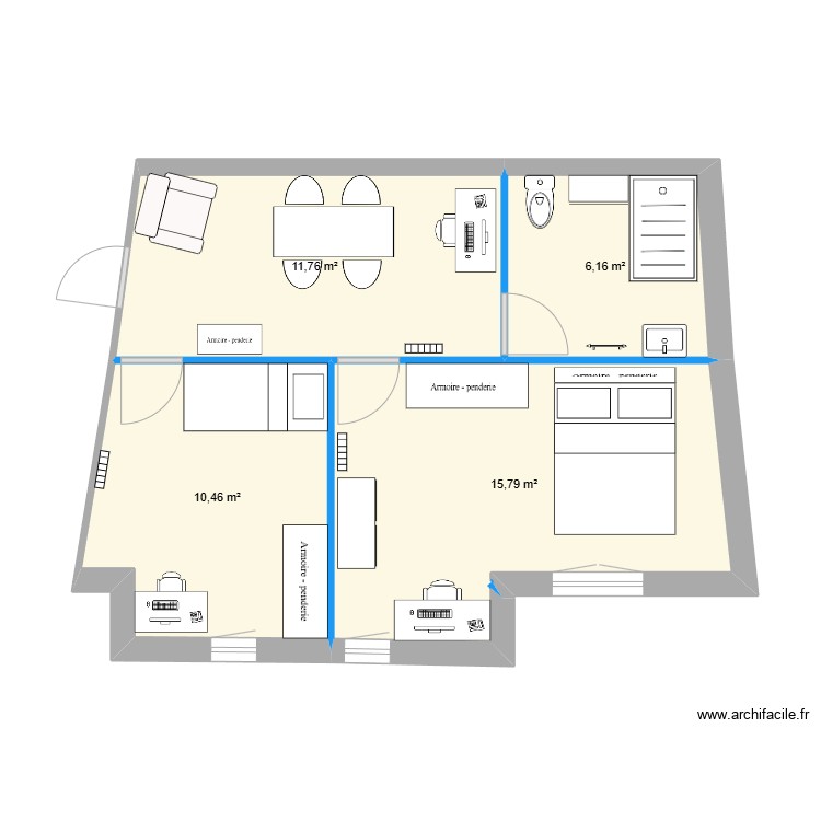 Forme 2 - Plan 4 pièces 44 m2 dessiné par HCR53