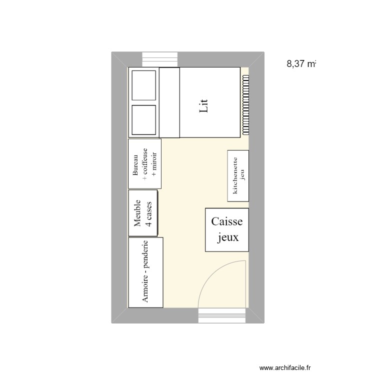 PLAN CHAMBRE JADANE REAMENAGE - Plan 1 pièce 8 m2 dessiné par EmePASS