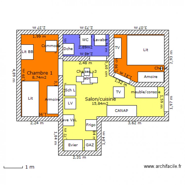 F2 maison, Aptt... - Plan dessiné par poopey