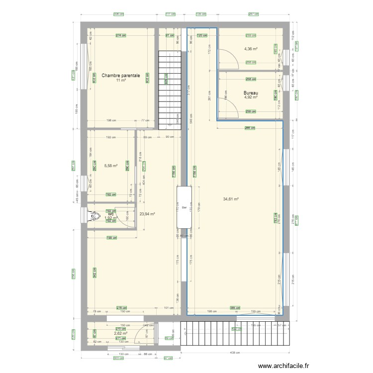 Premier étage cotation - Plan 8 pièces 89 m2 dessiné par souchanoy