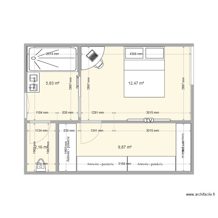 Chambre parentale 30m2 - Plan 4 pièces 30 m2 dessiné par jmes4100