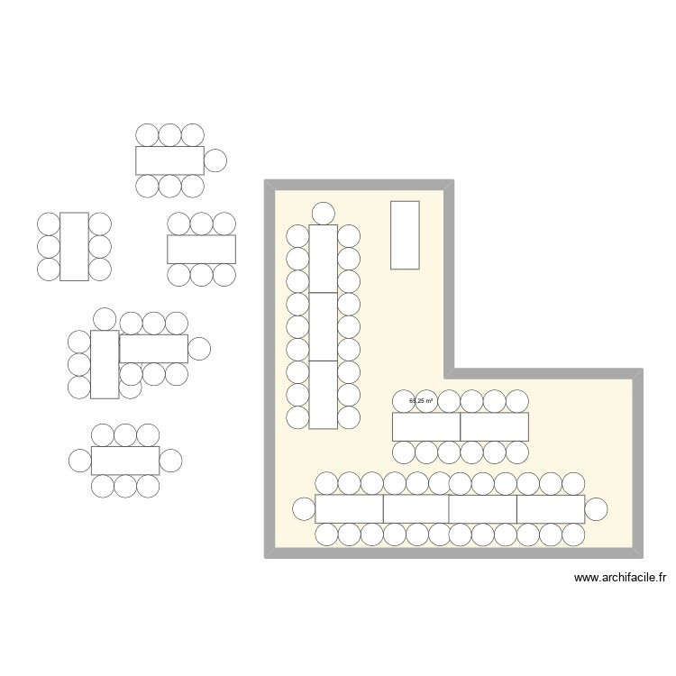 Placement tables Karin en L - Plan 1 pièce 65 m2 dessiné par ...