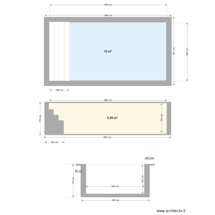 Piscine plan en coupe 6 x 3 - Plan 2 pièces 27 m2 dessiné par Slaii