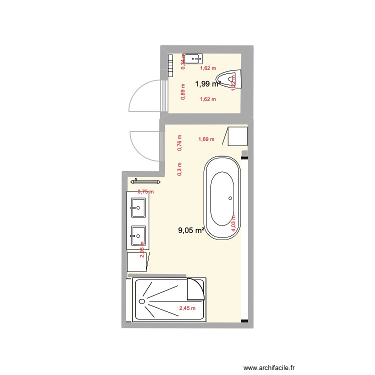 sdb - Plan 2 pièces 11 m2 dessiné par Manou38210