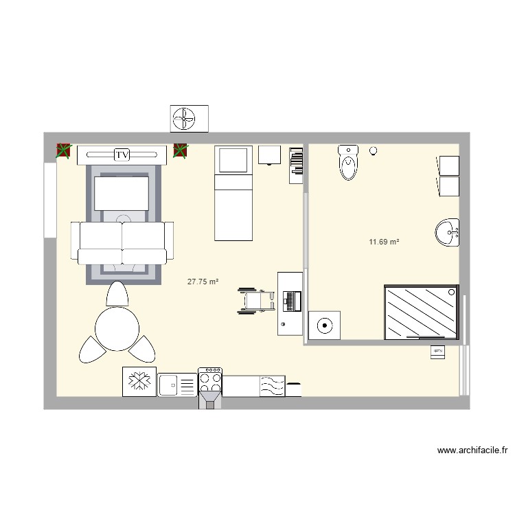 amenagement pmr - Plan 2 pièces 39 m2 dessiné par zamii