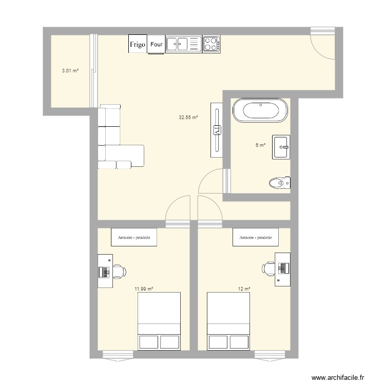 Plan T3 62 virgule 55m2 - Plan dessiné par alxg