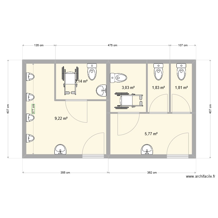 WC salle communale - Plan 6 pièces 25 m2 dessiné par Herakles79