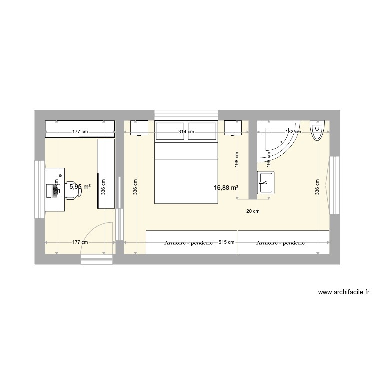 Projet Chambre 3 - Plan 2 pièces 23 m2 dessiné par MAISINCH