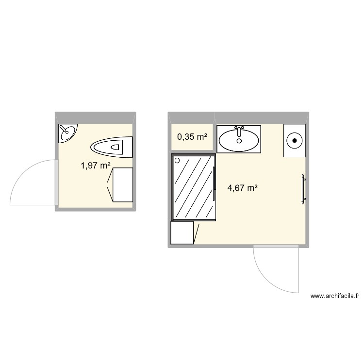 WC SdB - Plan 3 pièces 7 m2 dessiné par Ystad