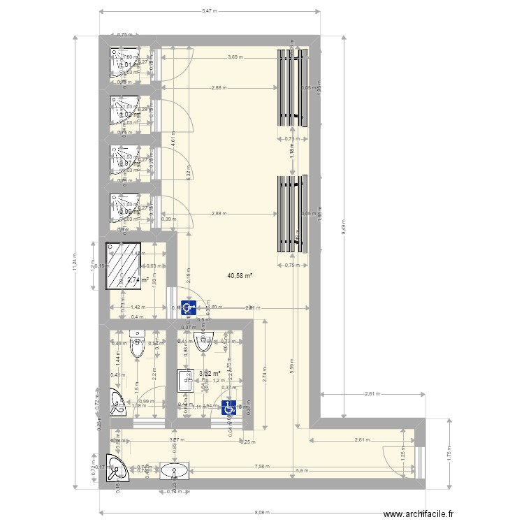 douches collective - Plan dessiné par esf2a