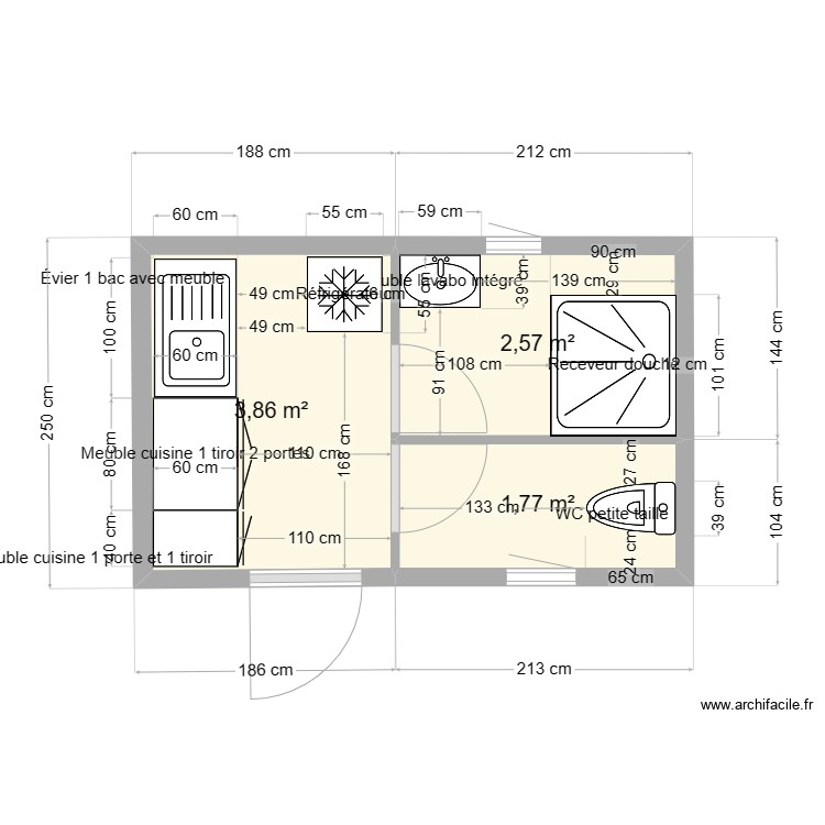 BLOC SANITAIRE - Plan 3 pièces 8 m2 dessiné par clerox
