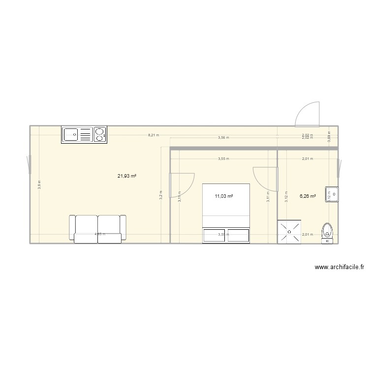 T1 40m2 (2) - Plan 3 pièces 39 m2 dessiné par benjamincarrepro
