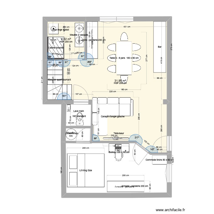 INTERIEUR - Plan 3 pièces 42 m2 dessiné par MAISON DES JEUNES