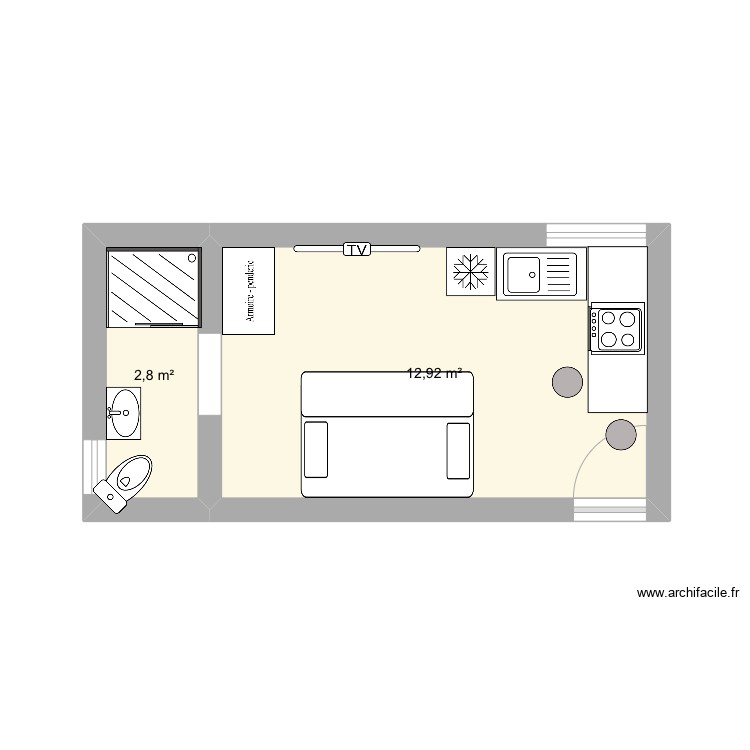 Renovation studio 12m2 - Plan 2 pièces 16 m2 dessiné par BissovasArchi