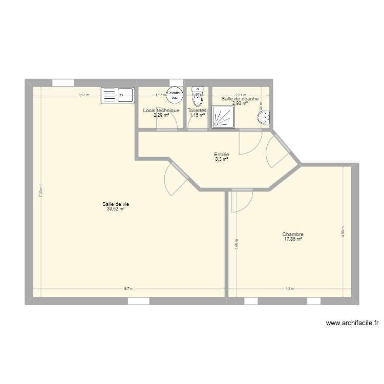 Logement communal - Plan 6 pièces 72 m2 dessiné par Lendo