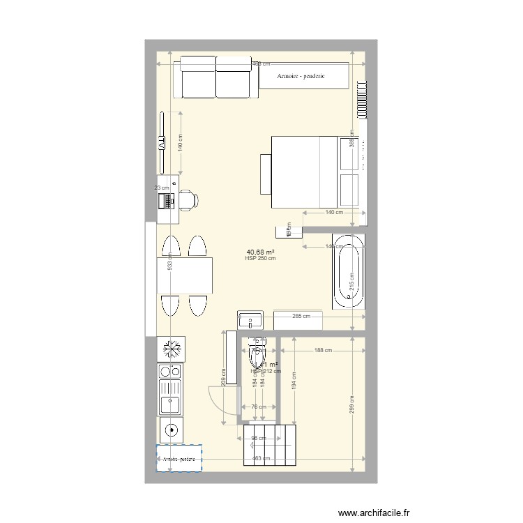 STUDIO CALE - Plan 2 pièces 42 m2 dessiné par flolecoeur