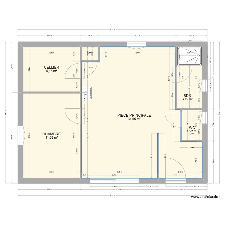 PLAN 55M2 - Plan 6 pièces 55 m2 dessiné par ST PRIVAT