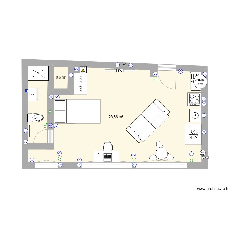 studio 92 - Plan 2 pièces 29 m2 dessiné par Jeroba
