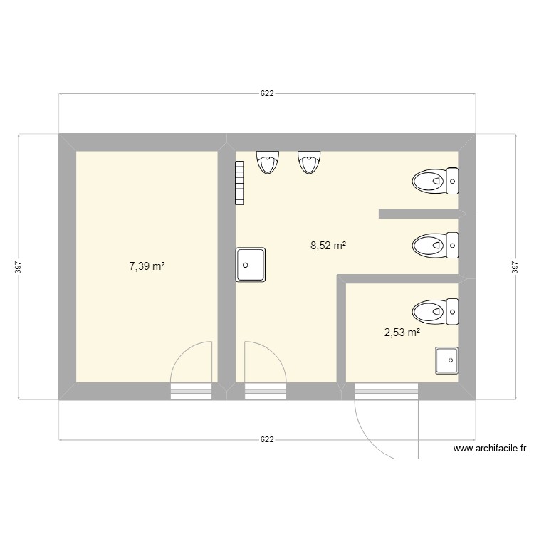 Plan des toilettes - Plan 3 pièces 18 m2 dessiné par thierry