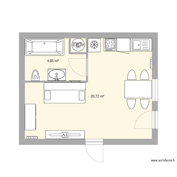 Studio - Plan 3 pièces 26 m2 dessiné par Helyrea