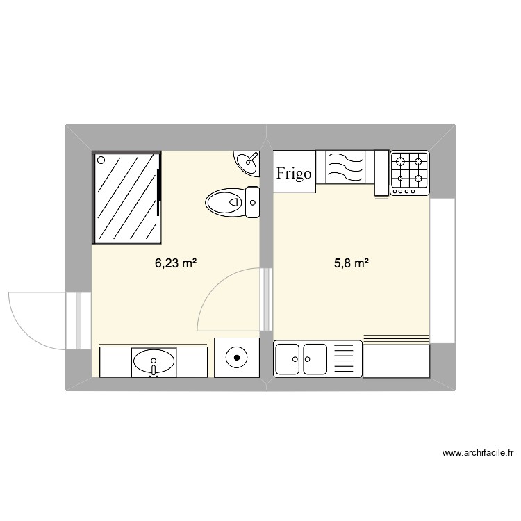 SDB Projet ERASME v1 - Plan 2 pièces 12 m2 dessiné par Quel Rocha