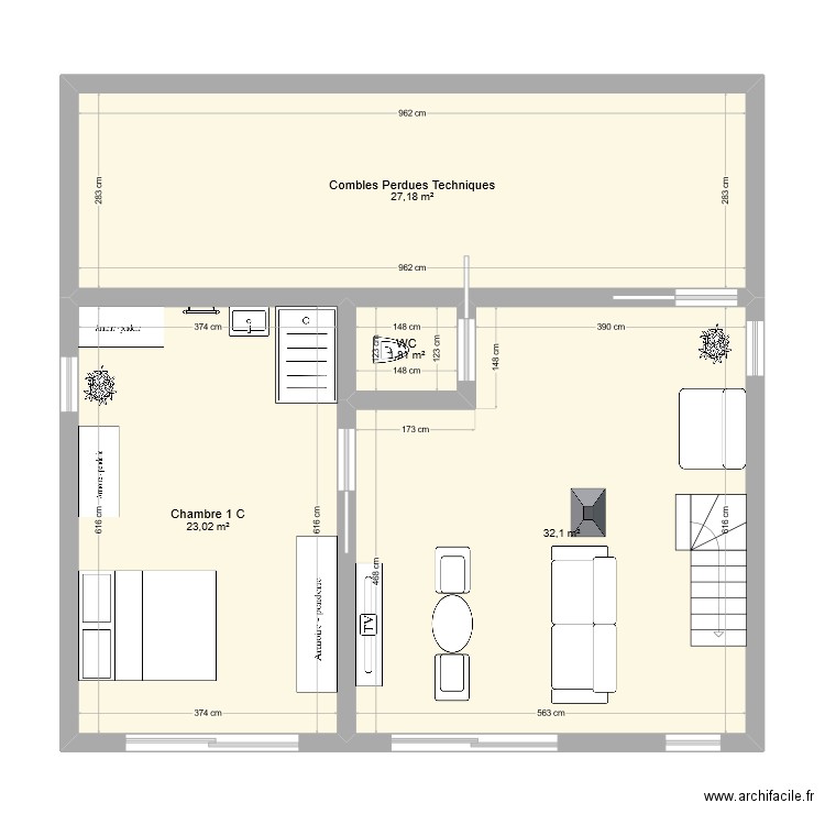 Projet Combles Aménageables Ch parentale / Salon - Plan 4 pièces 84 m2 dessiné par Minosteen