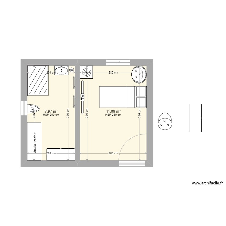 chambre + salle bain PMR - Plan 2 pièces 19 m2 dessiné par lokice