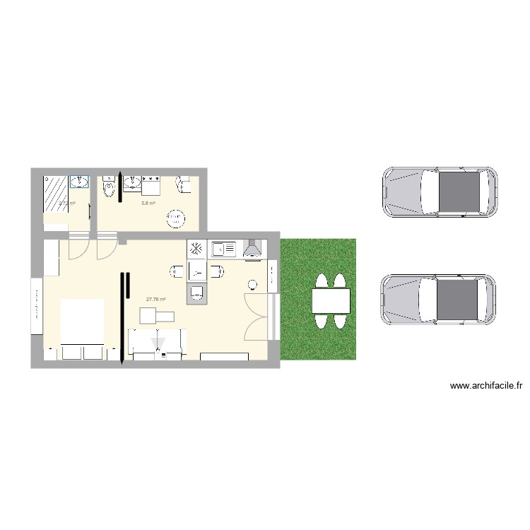 Studio rectangulaire 35m2 1 baie vitrée réaménagé - Plan dessiné par ...