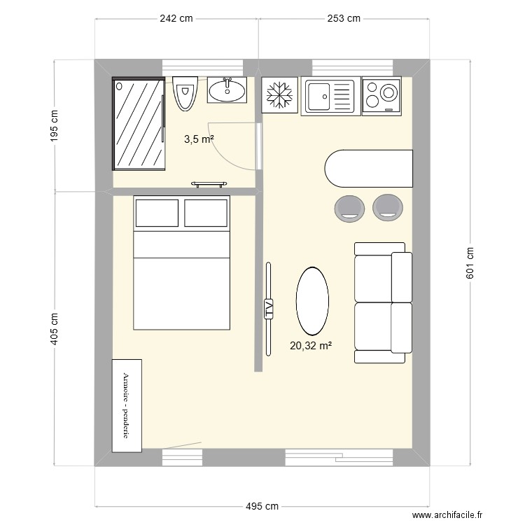 studio 25m2 anna - Plan 2 pièces 24 m2 dessiné par choukouman