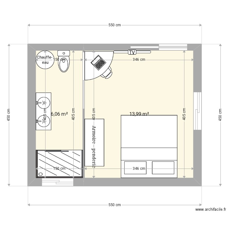 Extention - Plan 2 pièces 20 m2 dessiné par jl98