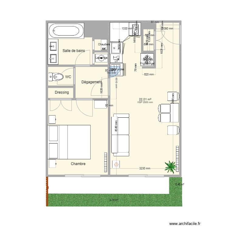 Larousse meublé - Plan 6 pièces 41 m2 dessiné par KruKo