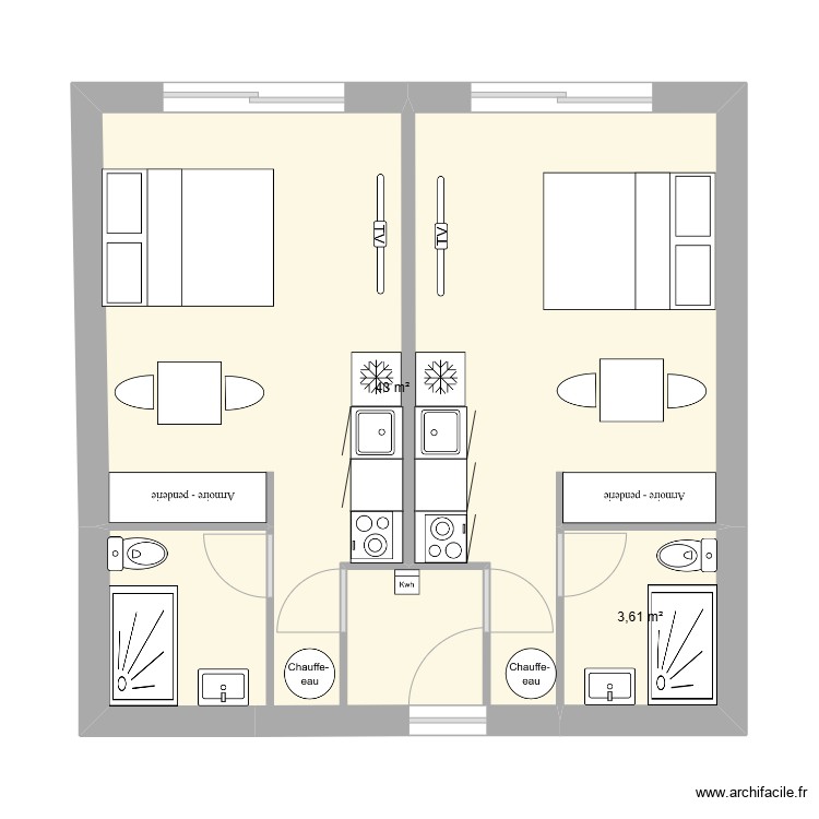 double studio - Plan 2 pièces 47 m2 dessiné par loctite
