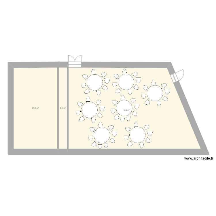 salle avec tables rondes - Plan 3 pièces 119 m2 dessiné par JeDrine