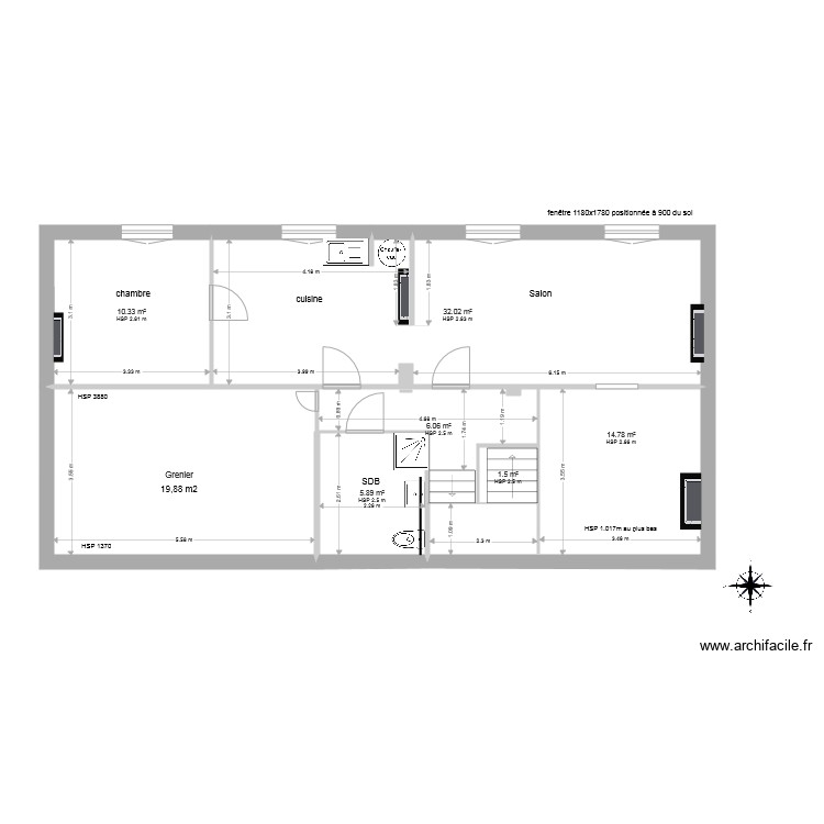 Immeuble 1 - Plan 7 pièces 90 m2 dessiné par cuisine52