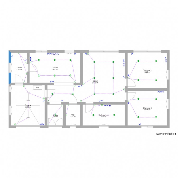 plan luminaire et prise maison plein pied MY29 - Plan dessiné par Yayo57