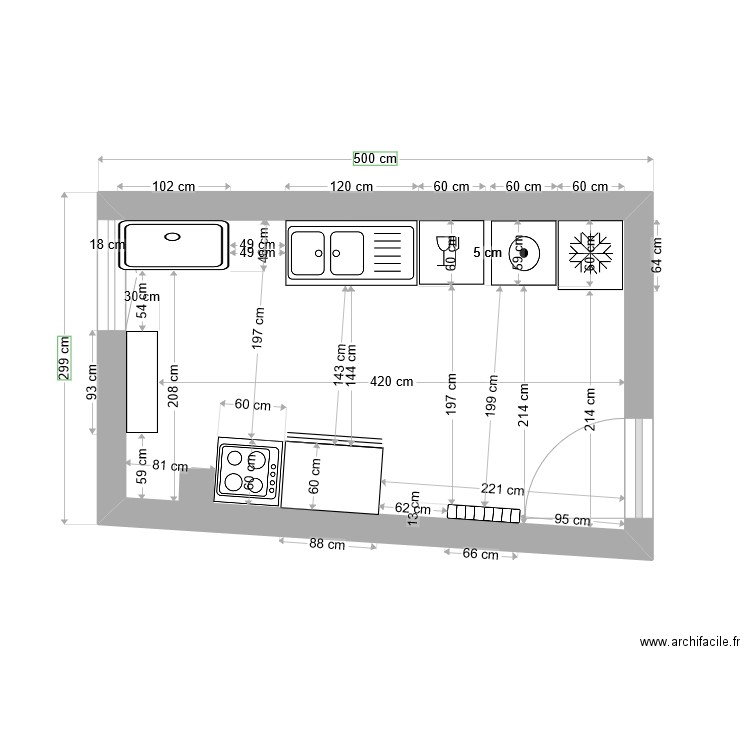 Cuisine - frigo dans l'angle - Plan dessiné par SBibli