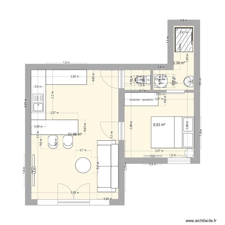 Projet T1 dans petit pro - Plan 3 pièces 36 m2 dessiné par emmacreaLC
